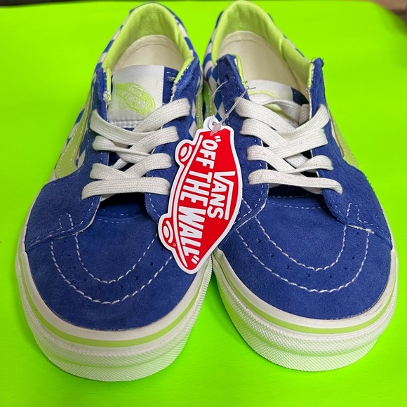 Vans | Shoes | Nwt Vans Sk8 Low Blue Neon Green Suede Check Size Junior ...